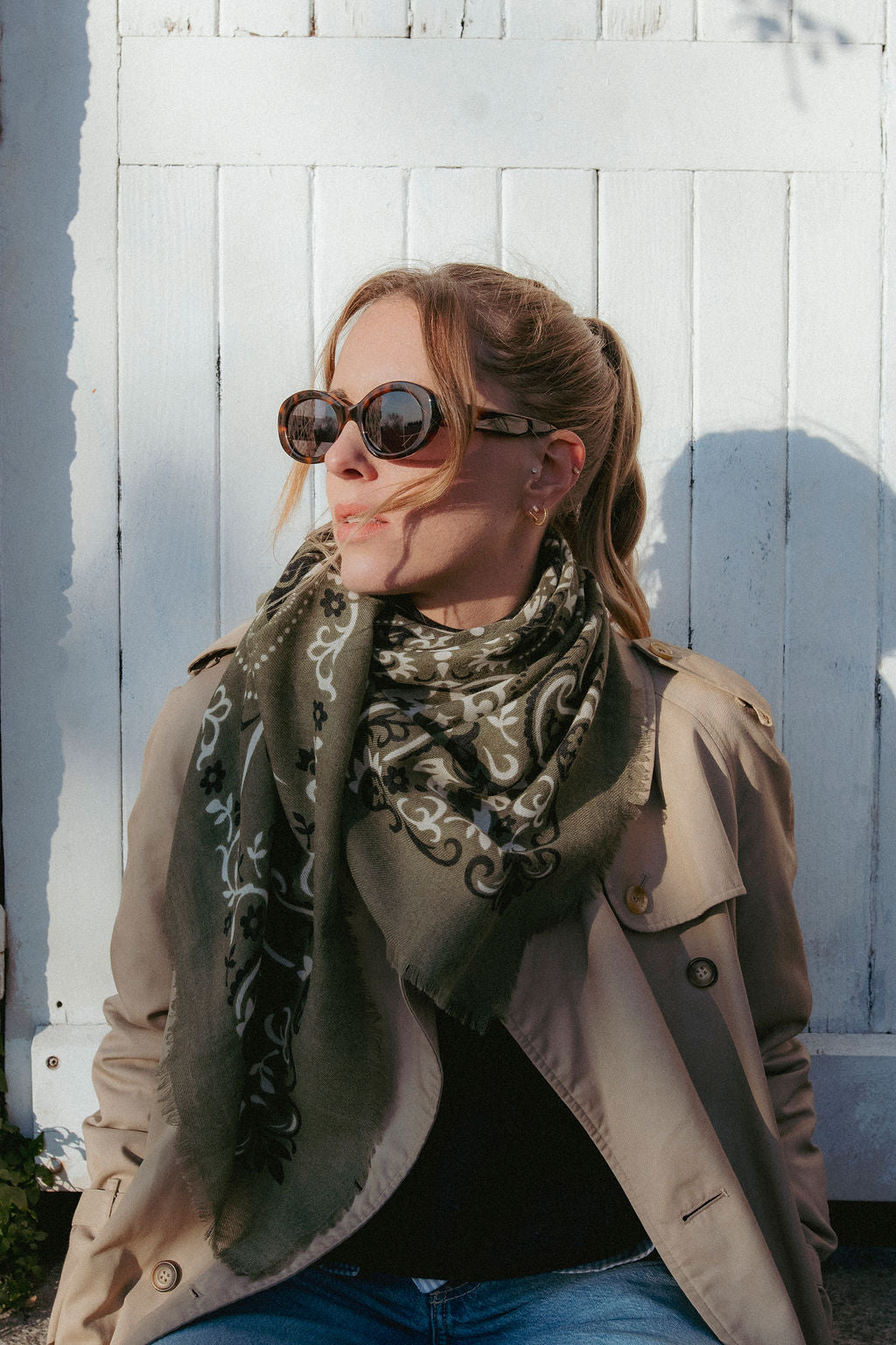 Large khaki bandana scarf in wool and cashmere, bandana print